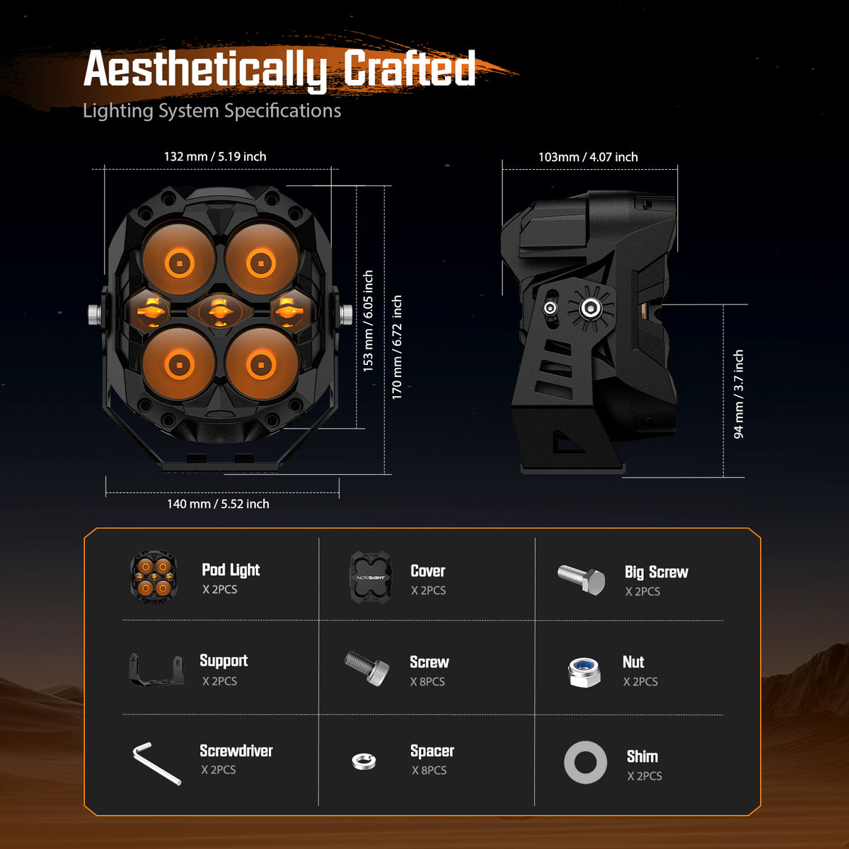 Cyber | 6-inch LED Pod Lights Amber Light Warrior Black